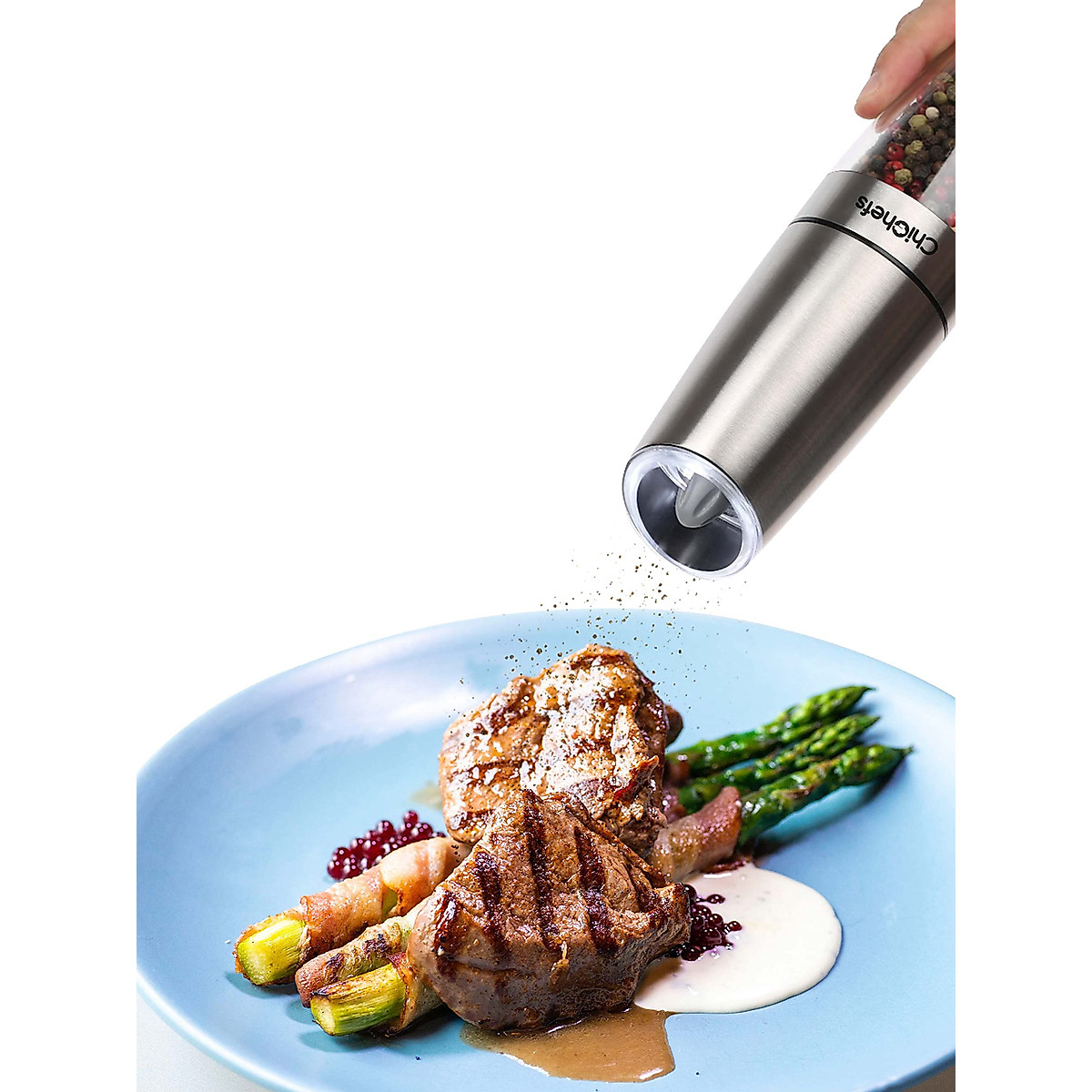 ChiChefs Electric Gravity Pepper Grinder or Salt Grinder Mill, Automatic Pepper Mill, Battery Operated with White LED Light, One Handed Operation, Adjustable Coarseness, Stainless Steel