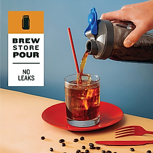 County Line Kitchen Cold Brew Coffee Maker, Mason Jar Pitcher - Heavy Duty Soda Lime Glass w/Stainless Steel Mesh Filter & Flip Cap Lid - Iced Tea & Coffee - 1 Qt (32 Oz), Gray/Blue Handle