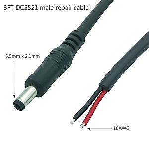 3FT 12V DC Power Cable 5.5mm x 2.1mm Male Plug to Bare Wire Open End, 16AWG 24V DC Power Supply Repair Cable for CCTV Security Camera LED Strip Light