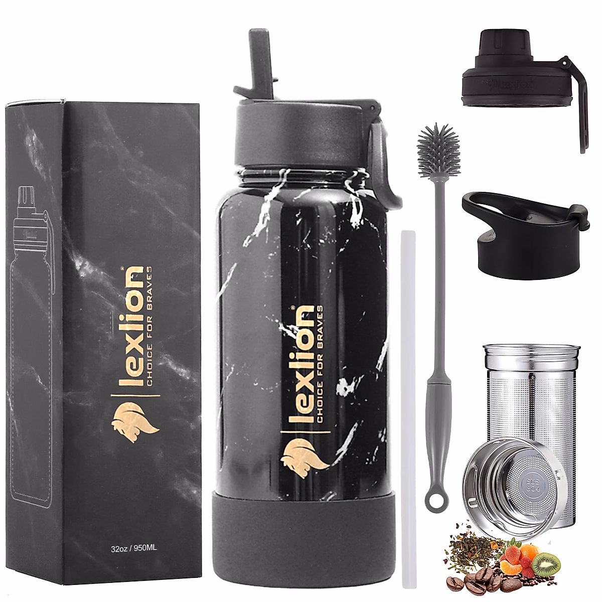 Lexlion Tea Infuser Bottle - Fruit Infuser Water Bottle 32 Oz, Triple Walled Insulated Stainless Steel Bottle, Thermal Leaf Infuser, Silicone Sleeve, 3 Lids Leakproof, Metal Mug Gallon