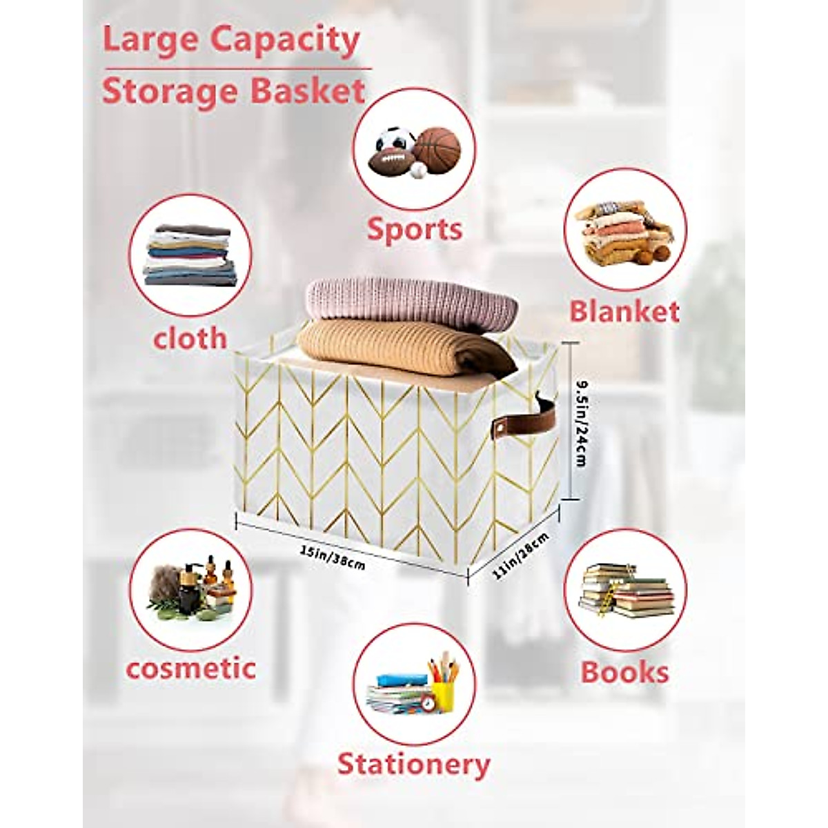 Storage Baskets for Organizing, Toy Box Chest Modern Herringbone Geometric White and Gold Foldable Cube Storage Bin with 2 Leather Handles Set of 1