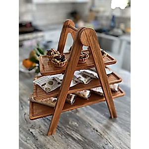 Wooden Tiered Serving Tray Wood 3 Tier Trays Stand Rectangular Cupcake Platters Collapsible Detachable Dessert Cake for Fruit Appetizers Tea Party Entertaining Food Buffet Wedding Farmhouse Decorative