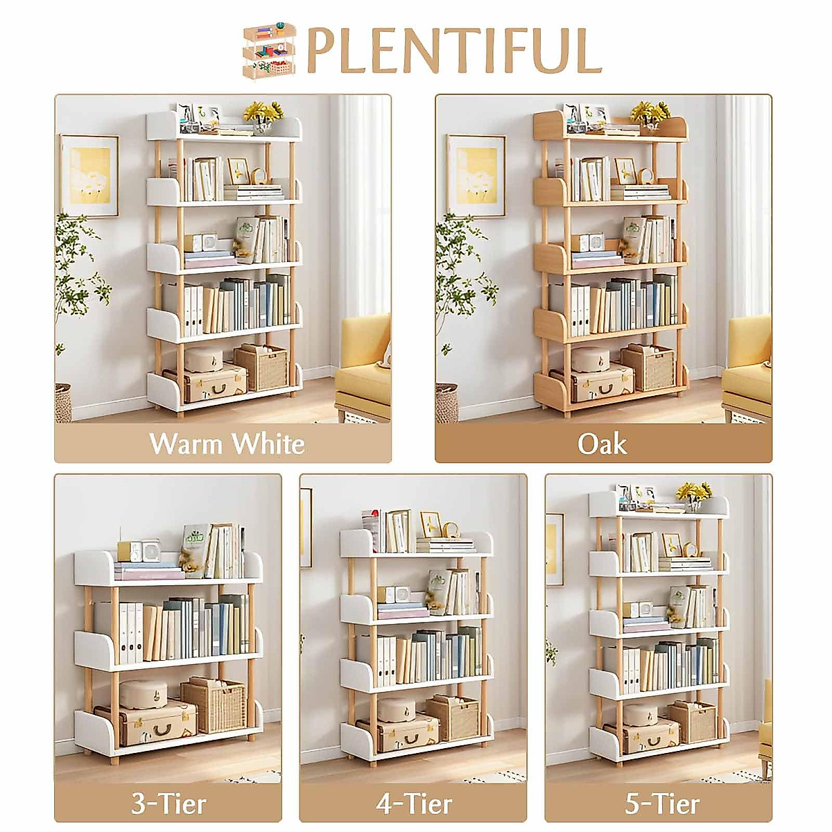 OSCHF 3-Tier Wooden Open Bookcase - Modern Display Bookshelf with Top Edge and Solid Wood Frame for Home and Office, Storage Cabinet, Warm White
