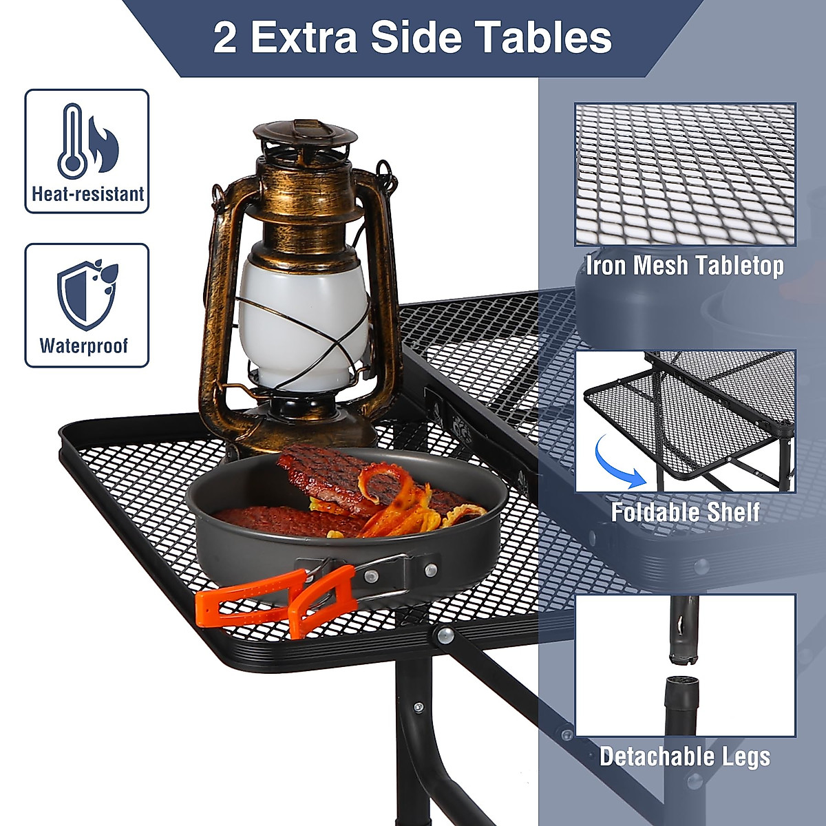 REDCAMP 36x24 Folding Grill Table for Outside with 2 Side Tables, Lightweight Portable Metal Aluminum Outdoor Grill Table with Adjustable Height Legs, Great for Camping Picnic Cooking BBQ, Black 3ft