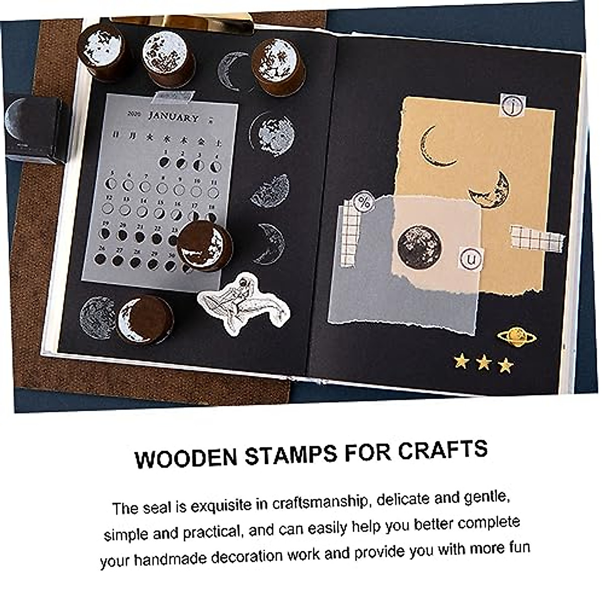 TEHAUX 7pcs Moon Phase Wooden Stamp Moon Wooden Stamp Decorative Mounted Rubber Stamp Craft Rubber Stamps for Paint Set Stampers for Wooden Stamp Set Wooden Rubber Stamp