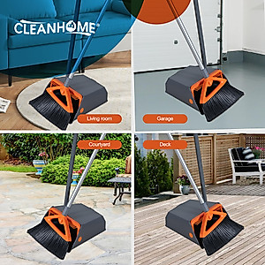 CLEANHOME Commercial Broom and Dustpan Set with Long Handle, Outdoor Heavy Duty Broom and Dustpan for Rubbish Leaves Dog Pooper Scooper, Widely used in Courtyards, Garden, Gym,Hotels, Restaurants,Grey