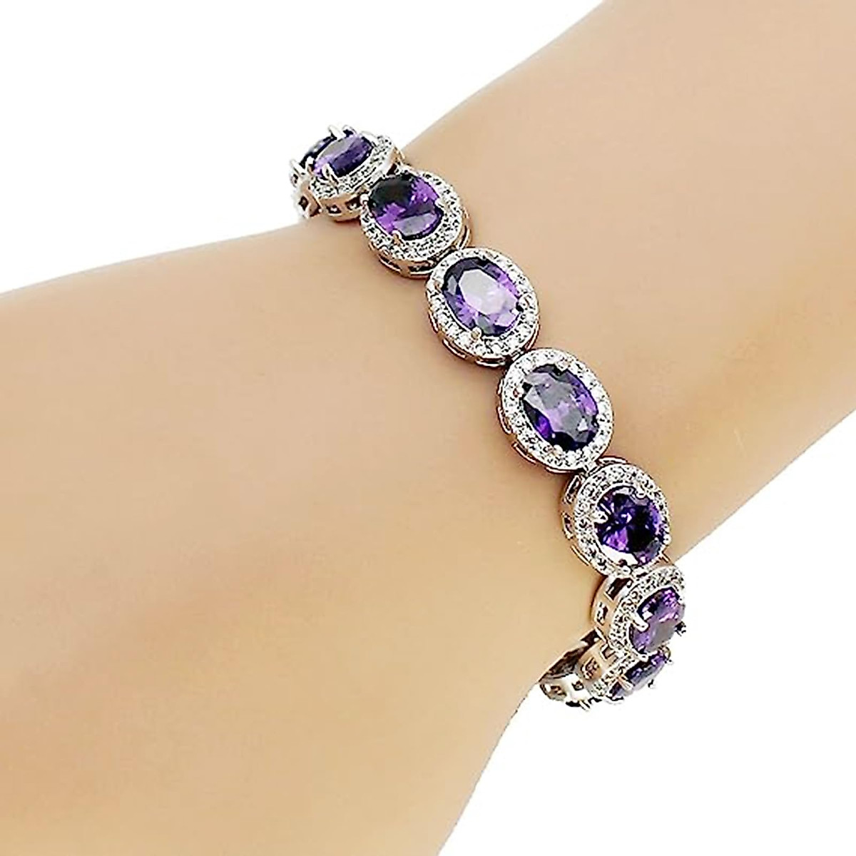 Hermosa Elegant Oval Gemstone Silver Bangle Bracelet with 1-Inch Extender Chain | Adjustable 7-8 Inches | Hypoallergenic Jewelry Gift for Women(Amethyst)