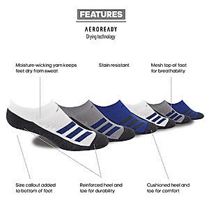 adidas Kids-Boy's/Girl's Cushioned Angle Stripe No Show Socks (6-Pair), White/Light Onix Grey/Team Royal Blue, Large
