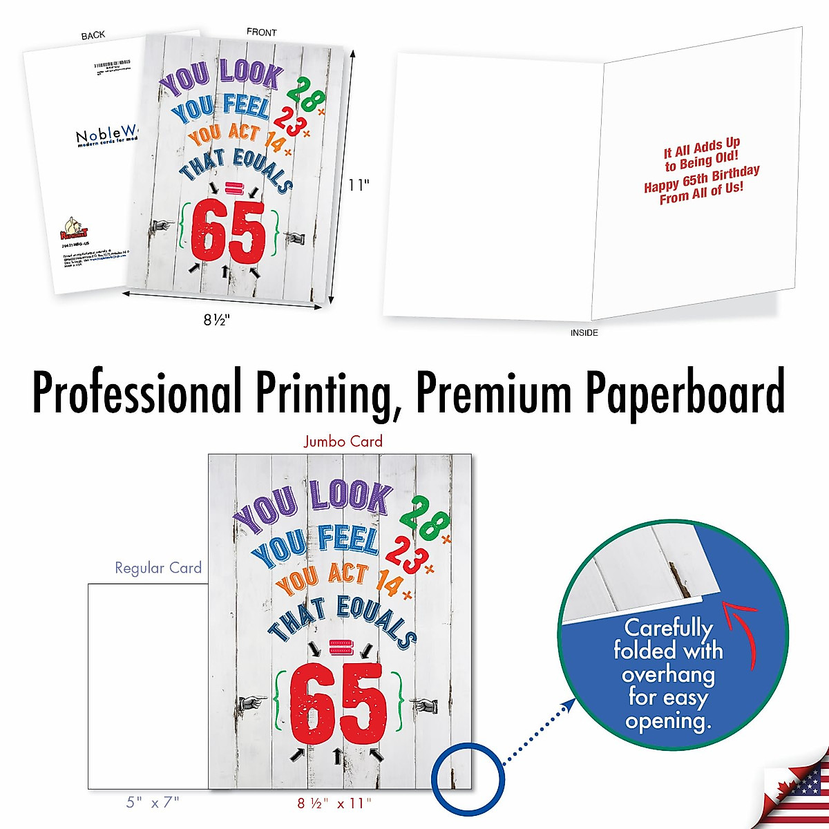 NobleWorks - Jumbo Card for 65th Birthdays (8.5 x 11 Inch) - Fun Milestone Birthday Celebration, Big Group 65 Year Old Greeting from All of Us - Age Equation 65 J9421MBG-US