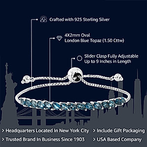 Gem Stone King 925 Sterling Silver London Blue Topaz Tennis Bracelet For Women (1.50 Cttw, Gemstone Birthstone, Fully Adjustable Up to 9 Inch)