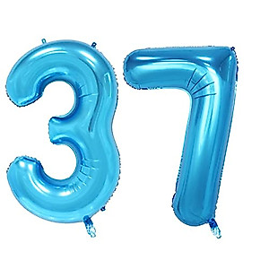 12pcs Blue Balloon Set Number 37 Balloon Kit Giant 37 Digital Foil Balloon Confetti Latex Helium Balloon Party Favors for 37th Birthday Wedding Anniversary Engagement Photo Props,37th Birthday Party