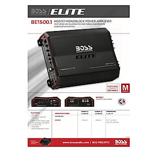 BOSS Audio Systems Elite BE1500.1 Monoblock Car Amplifier - 1500 Watts, 2 4 Ohm Stable, Class AB, Mosfet Power Supply, Great For Subwoofers