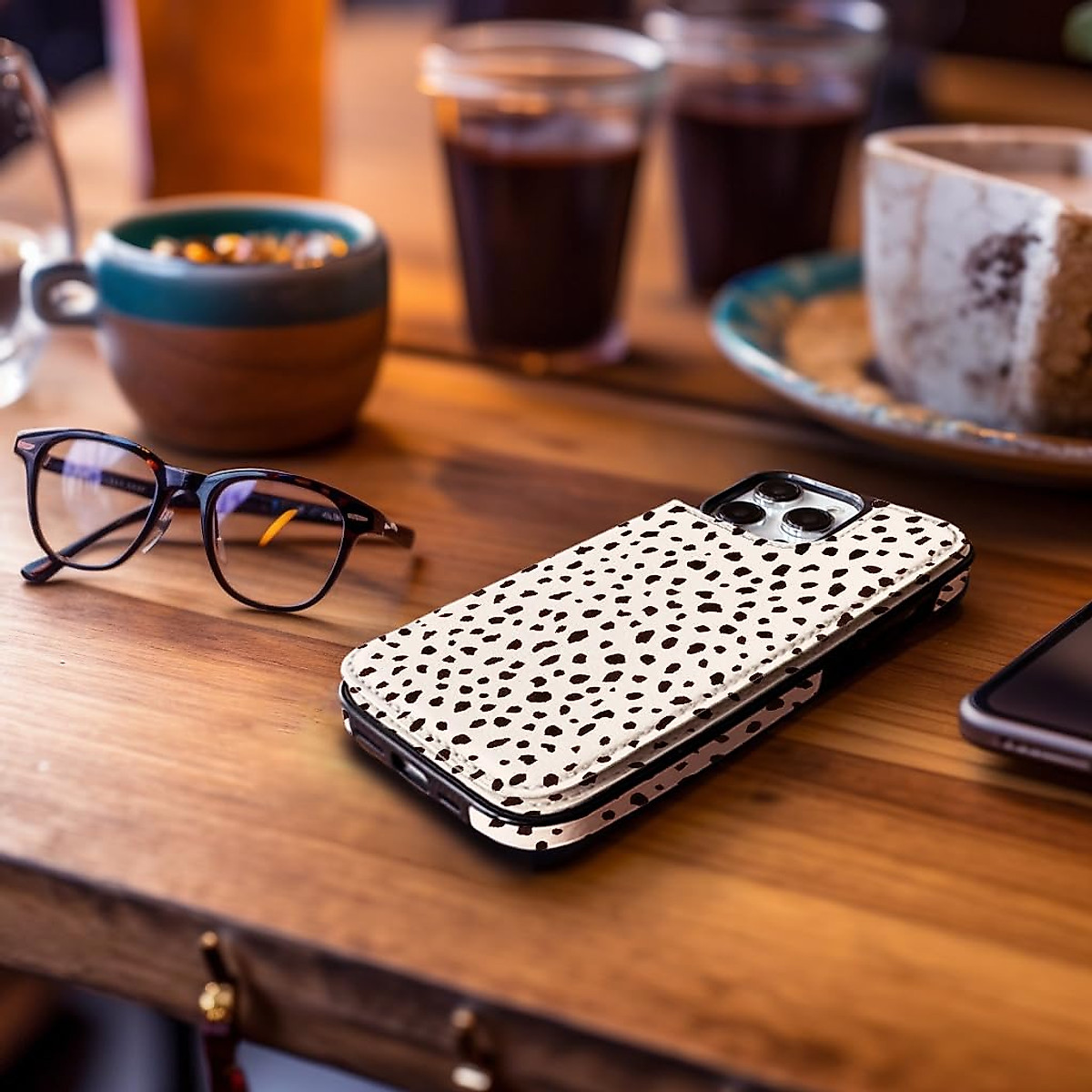 uCOLOR Flip Leather Wallet Case Card Holder for iPhone 12 Pro/12 Women and Girls with Card Holder Kickstand Marble Design Compatible with iPhone 12/iPhone 12 Pro 5G 6.1 inch (Almond Latte Polka Dot)