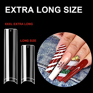 Spohom 504pcs No C Curve Nail Tips for Acrylic Nails Professional, 3XL Extra Long Clear Nail Tips Half Cover Square Shape, 12 Sizes Straight Tapered Square Fake Acrylic Nail Tips For Nail Extension Nail Art, Salon&Home DIY