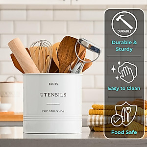D'Lifeful Farmhouse Kitchen Utensil Holder (Jumbo Size - 7" x 7”) - Large Utensil Caddy for Countertop, Utensil Holder for Kitchen Counter Decor, Utensil Organizer (White)
