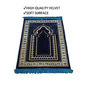 TB Muslim Prayer Rug Thick, Islamic, Soft Velvet Mat Ramadan Gift, with Prayer Bead Unique Decoration Gilded Gold-Like Embroidered for Women Man Kids Meditation Turkish African (Blue)