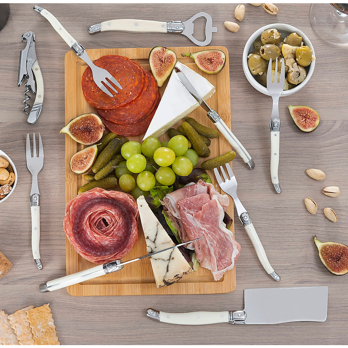 French Home Laguiole Charcuterie Serving Utensils Set of 9 – Kit w/Cleaver, Fork Set, barware & More – Cheese Serving Utensils w/Faux Ivory Handles for Parties