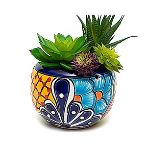 Enchanted Talavera Ceramic Succulent Pot Small Flower Planter Cactus Bonsai Pot W/Drainage & Hanging Holes Home Garden Office Desk Décor Gift (Small 4.5" x 4", Cobalt)