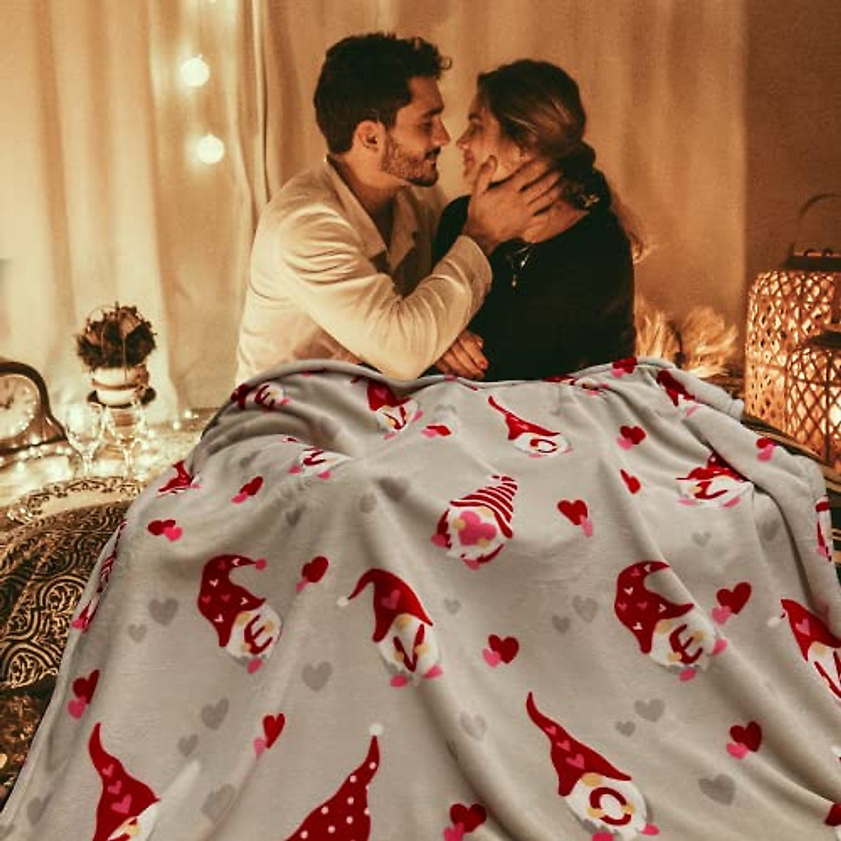 Cozy Bliss Gnome Throw Blanket with Hearts Mothers Day Birthday Gift Gnome Pattern Luxury Milky Plush, Ultra Soft & Lightweight Textured Throw Blanket for Couch, Sofa Bed (Gnome Love, 50" x 60")