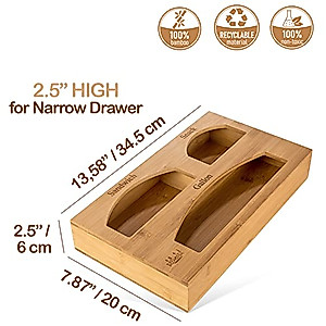 KitchenKit Bamboo Ziplock Bag Storage Organizer and Dispenser for Narrow Kitchen Drawer Suitable Gallon, Sandwich Snack Sizes, Plastic Baggies 3 Compartments Wooden Holder