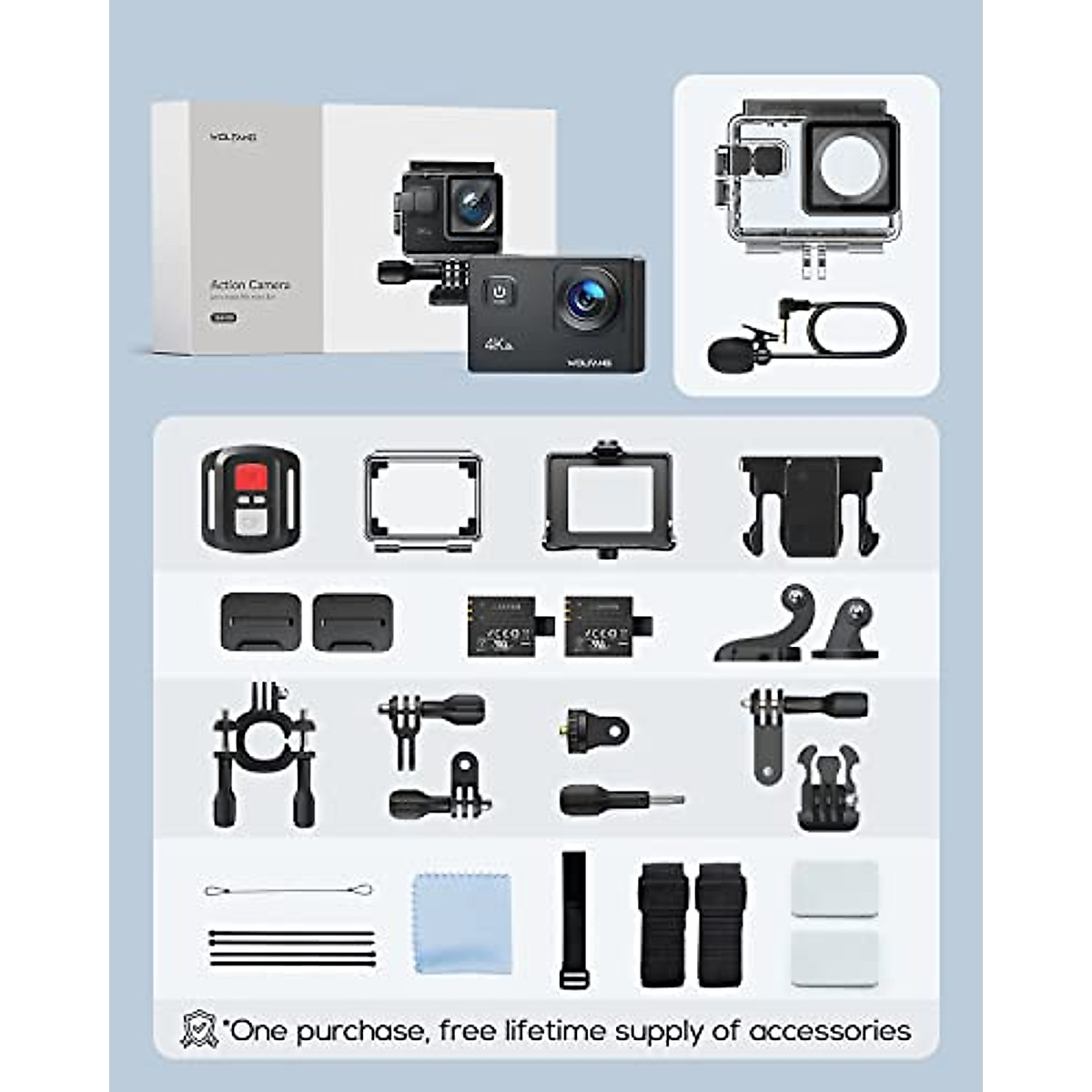 WOLFANG GA100 Action Camera 4K 20MP Waterproof 40M Underwater Camera EIS Stabilization WiFi 170° Wide Angle Helmet Camera (External Microphone, Remote Control, 2 Batteries and Accessory Kit)