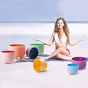 440 HZ Set of 7 Pieces of Color Frosted Quartz Crystal Singing Bowls 6"-12" + mallets & O-rings