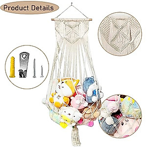 Foxtell Stuffed Animal Macrame Hammock or Net Wall Hanging Plushy Toy Organizer for Nursery Room, Toy Hammock for Stuffed Animals Boho Hanging Net for Kids