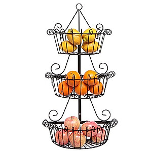 MyGift Wall Mounted Black Metal Fruit Basket, 3 Tier Hanging Shelf Produce and Vegetable Storage Rack with Scrollwork Design