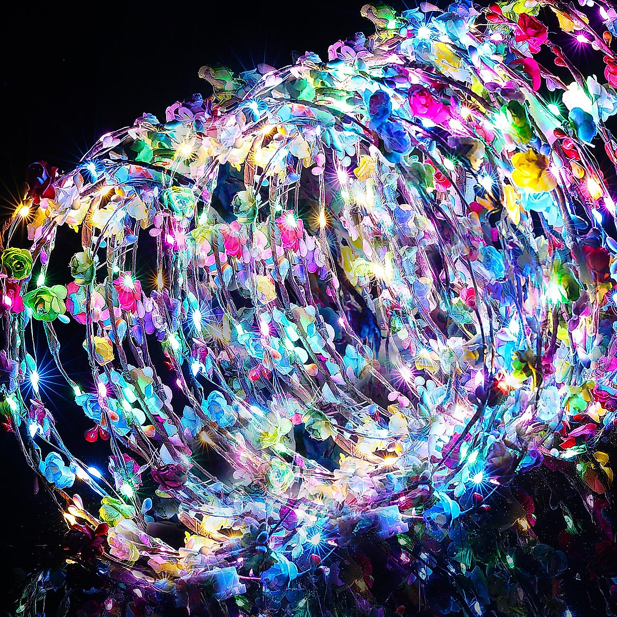 Yunsailing 64 Pcs Light up Flower Headband LED Hair Crown Girl Headpiece Luminous Tiara Glowing Floral Headdress(Classic)