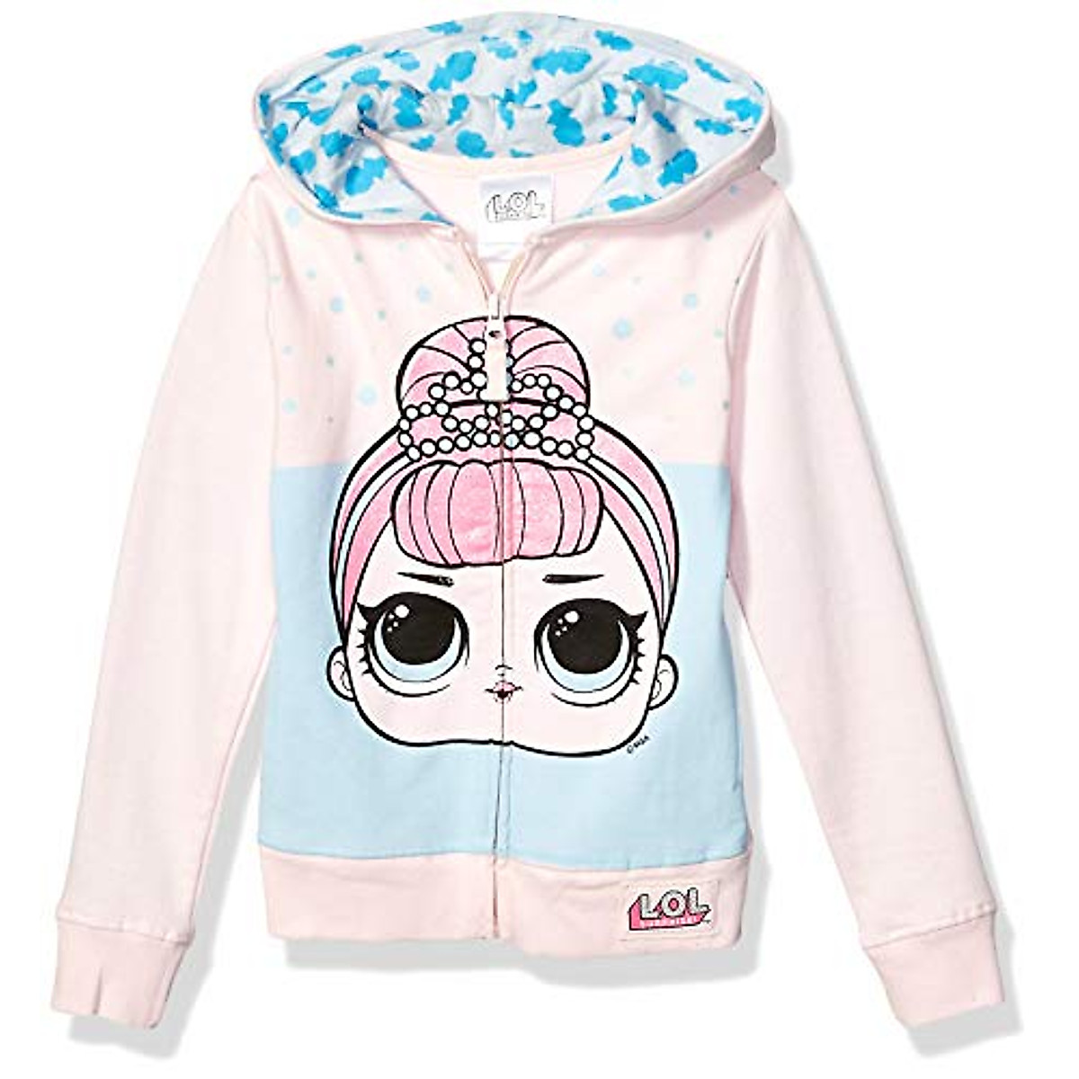 L.O.L. Surprise! Girls Glitterati Crystal Queen Big Face Zip-up Hoodie, Light Pink/Light Blue, 8/10