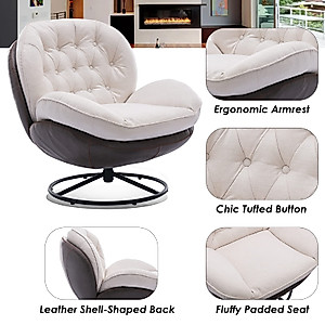 ZSARTS Swivel Accent Chair with Ottoman, Upholstered Linen Armchair Reading Chair with Footrest Mid-Century Modern Lounge Chair for Living Room Bedroom Fireplace(Cream)