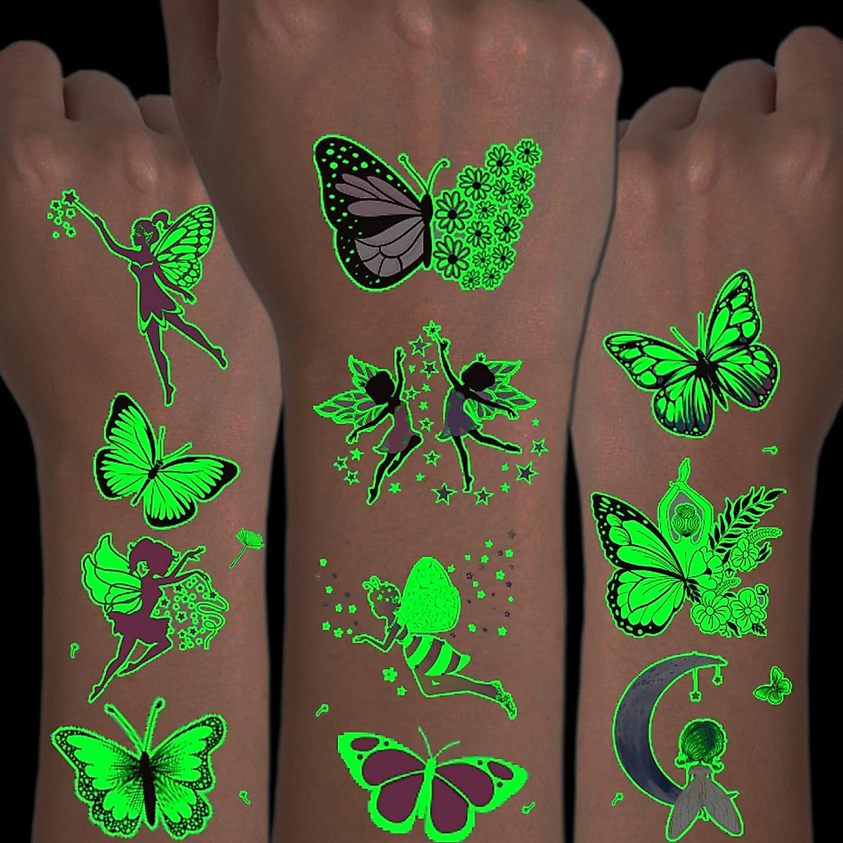 CHARLENT Luminous Butterfly Tattoos for Kids - 14 Sheets Glow in The Dark Butterfly Fairy Temporary Tattoos for Girls Birthday Party Favors Goodie Bag Fillers