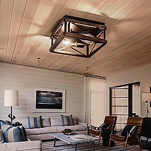 Mayful Flush Mount Light Fixture, 2-Light Rustic Ceiling Light Combine with Metal and Wood Frame, Farmhouse Flush Mount Ceiling Light for Kitchen Hallway Entryway Bedroom Porch Living Room…
