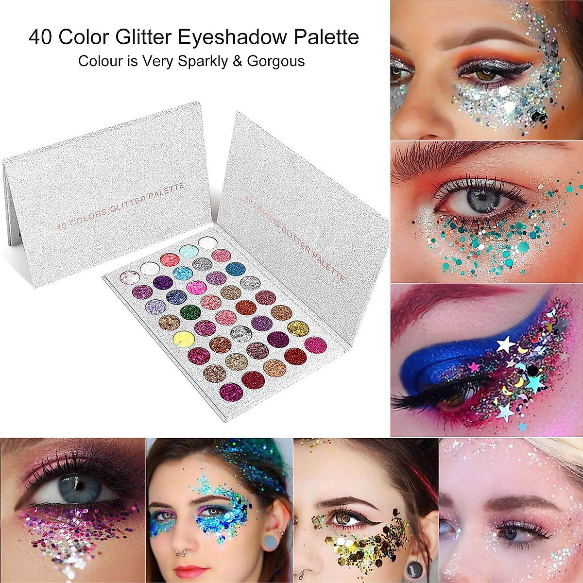 SUMEITANG 40 Colors Pressed Chunky Glitter Eyeshadow Palette, Self Adhesive Glue Gel Glitter Highly Pigmented Colourful Shimmer Glitter Eye Shadow Pallet For Women Girls Long Lasting Sparkle Makeup