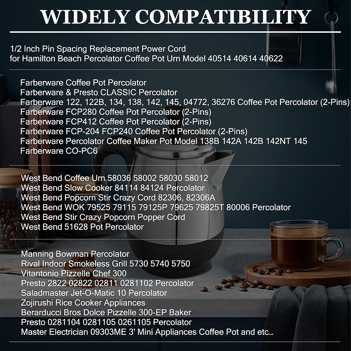 Eopzol 3ft Long 2 Pin 1/2 Inch Spacing Power Cord for West Bend Slow Cooker 84114 84124 Models Electric Cord - Also for Many Rice Cookers and Other Small Appliances