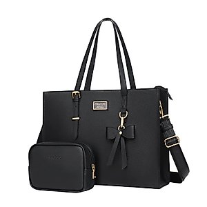 MOSISO Laptop Bag for Women Compatible with MacBook, 17-17.3 inch Notebook and Chromebook, PU Leather Travel Work Tote bag with Detachable Bowknot & Small Purse, Black