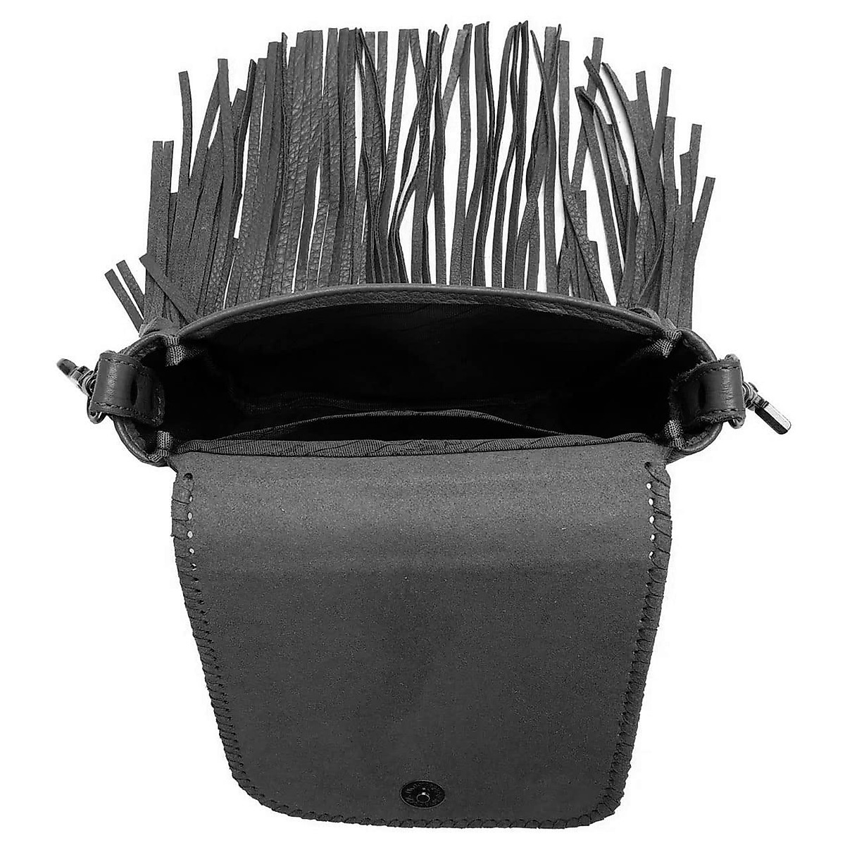 Montana West Handcrafted Leather Convertible Clutch Crossbody Handbag Biker Bag w Fringe (Black Studded w Buckle)