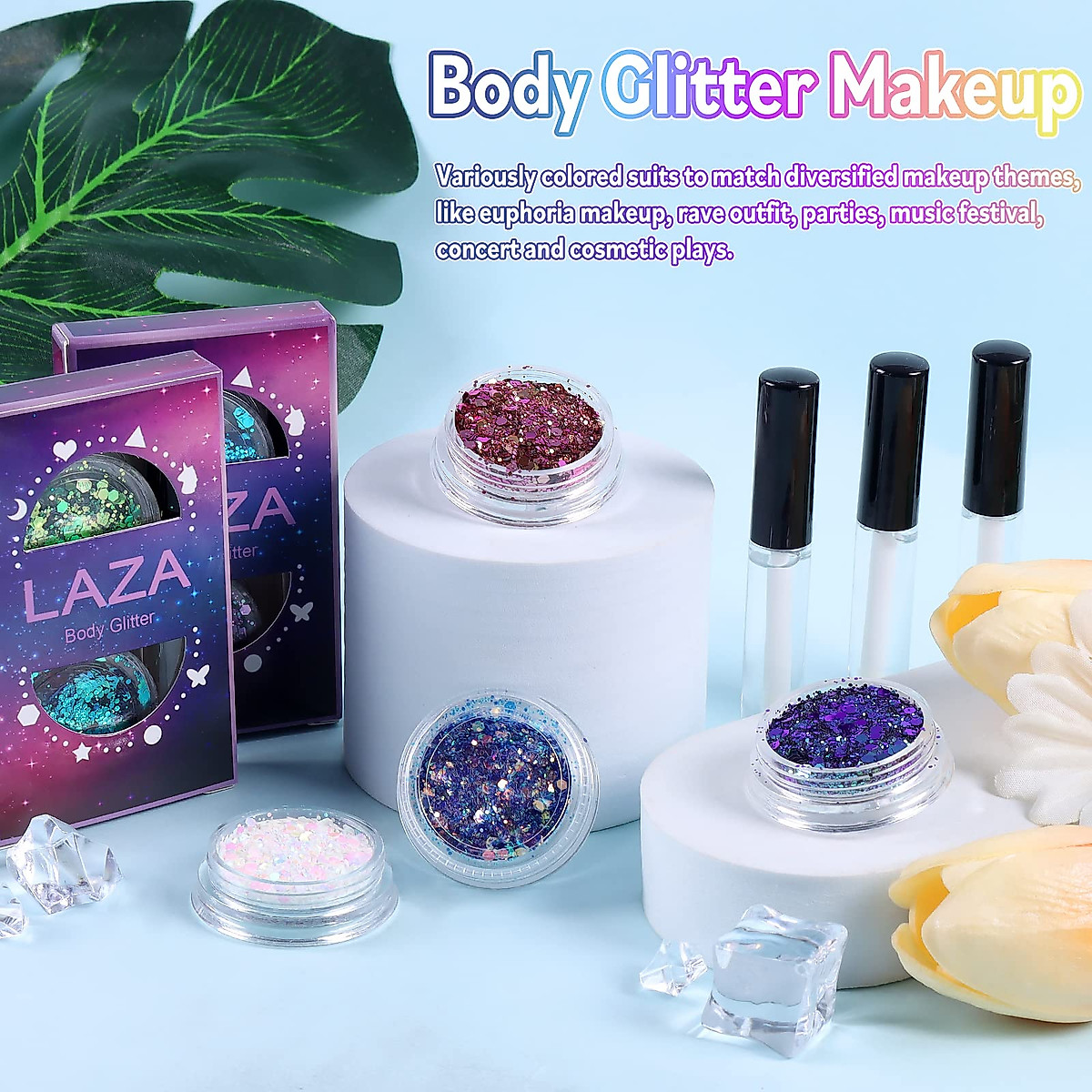 Laza Body Glitter, 2 Jars Iridescent Chunky Sequins with Glitter Glue Perfect for Women Eyeshadow Makeup Face Paint Festival Rave Outfits Hair Accessories Carnival Party Costumes - Colorful Purple