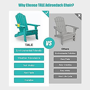 TALE Folding Adirondack Chair with Pullout Ottoman with Cup Holder, Weather Resistant, Oversized, Poly Lumber, Lawn Outdoor Fire Pit Chairs, for Patio Deck Garden, Backyard, Aruba Blue