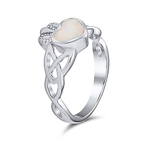 Personalize BFF Celtic Irish Friendship Couples Promise Created Opal Claddagh Ring For Women Girlfriend Teens .925 Sterling Silver October Birthstone Customizable