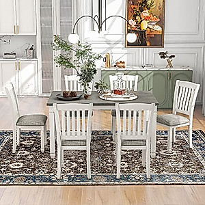 RUNNA Classical 7-Piece Dining Table Set with Wood Rectangle Table,6 Upholstered Chairs and Shaped Legs,for DiningRoom,Living Room Furniture,6-8 Persons Use