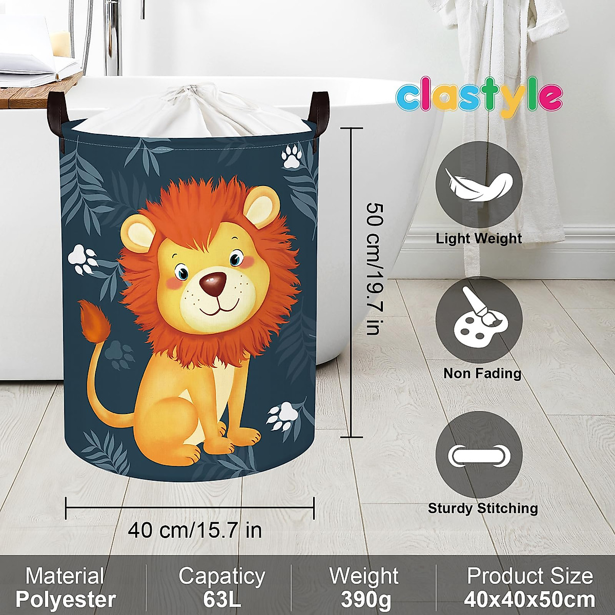 Clastyle 63L Large Lion Kid Laundry Hamper with Handle for Boy Girl Collapsible Clothes Toy Storage Basket with Lid for Bedroom Bathroom Nursery