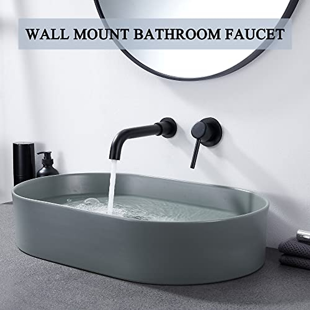 YardMonet Wall Mount Bathroom Faucet Matte Black, Single Handle Wall Mounted Bathroom Sink Faucet, 360° Swivel Solid Brass Long Spout, Rough-in Valve Included