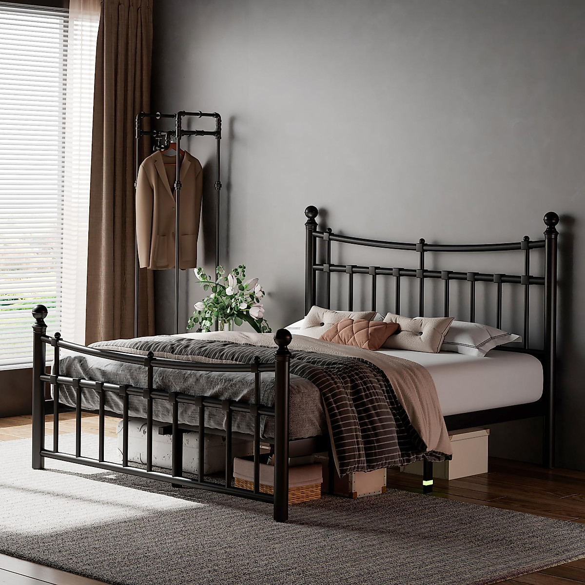 Feonase Queen Size Metal Bed Frame with Modern Iron-Art Headboard & Footboard, Platform Bed Frame with 12" Storage Space, Hardened Steel Slats, No Box Spring Needed, Black