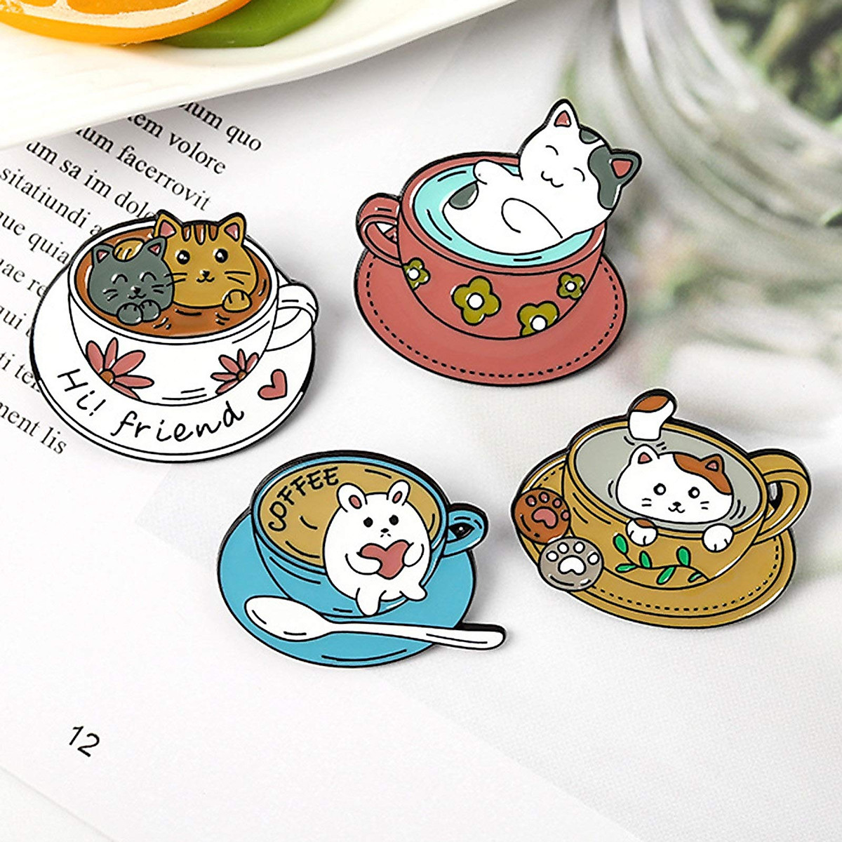 ink2055 Cartoon Cat Coffee Cup Brooch Bag Hats Lapel Enamel Paint Pin Garment Badge Gift,Vintage Fashion Brooch Pins for Women Teen Girls Crafts Gift - 2