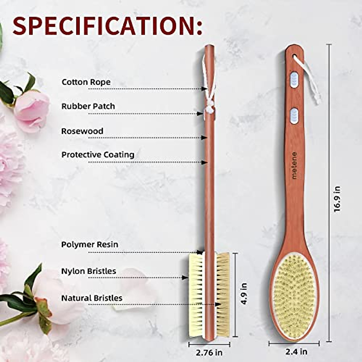 Metene Shower Brush with Upgrade 17-inch Rosewood Handle, Double-Sided Body Brush with Stiff and Soft Natural Bristles for Wet or Dry Brushing, Back Scrubber for Gentle Exfoliating and Clean Easily