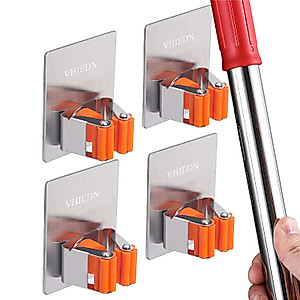 VHIEDN Broom and Mop Holder Wall Mounted, Stainless Steel Self-Adhesive Single Broom Hanger Hook,Organizer Rack for Kitchen Garage Closet Pantry Refrigerator,Rectangle - Orange (4 Pack)