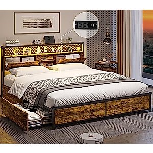 ADORNEVE Queen LED Bed Frame with Storage Headboard, Queen Size Platform Bed with Type-C & USB Charging Station, Metal Bed Frame with Drawers, Storage Shelf Headboard, Noise-Free, Vintage Brown