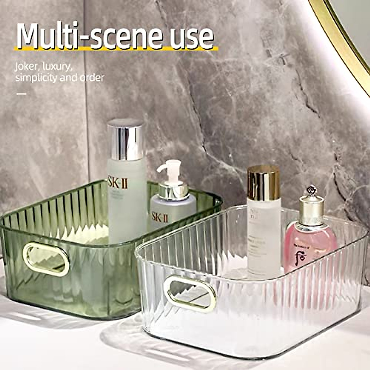 BIEDUM 2 Pack Open Compartment Clear Plastic Organizer, Rectangular Makeup and Vanity Storage Bin and Pantry Caddy with Pass-Through Handles for Bathroom Kitchen Refrigerator Organizers and Storage