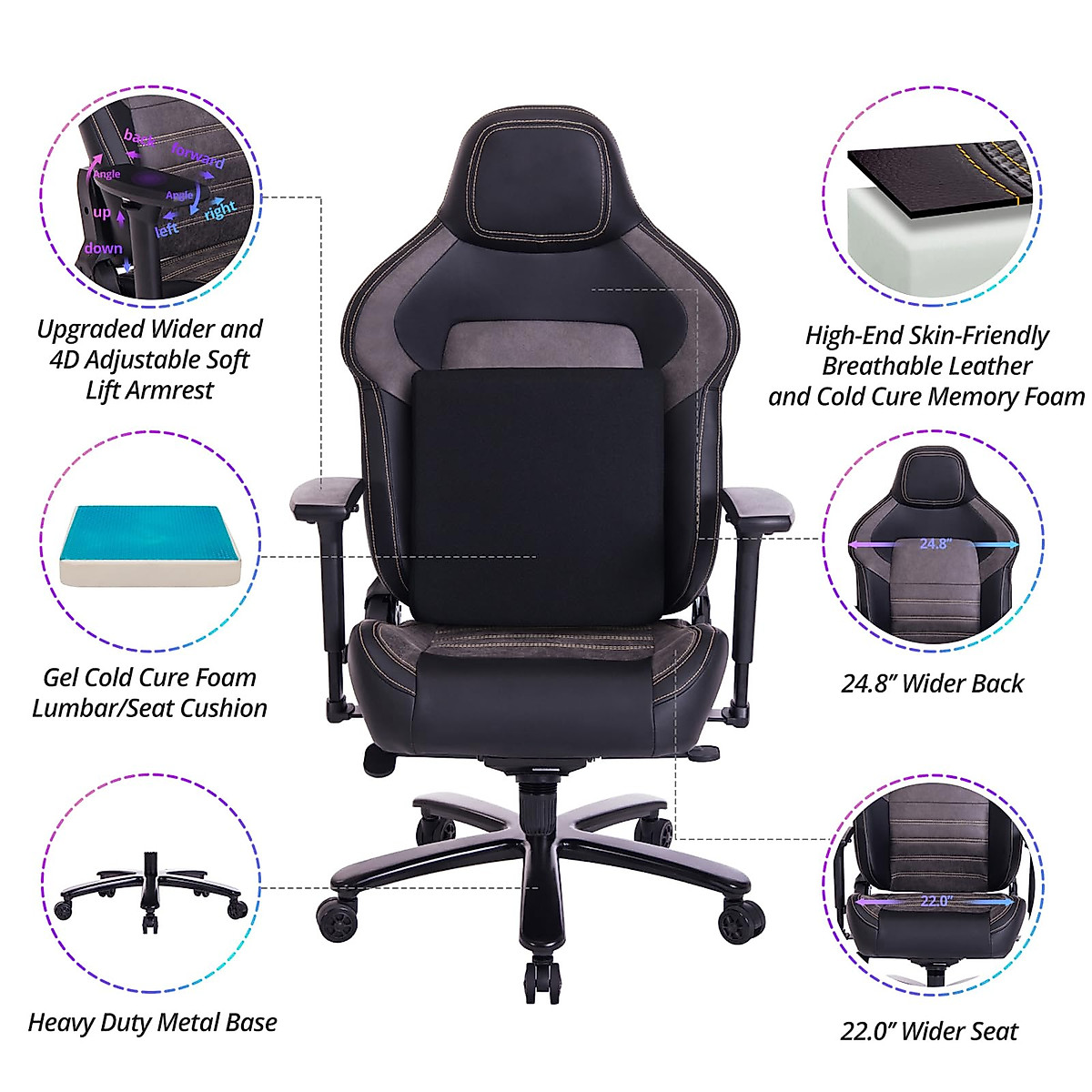 Big and Tall Gaming Chair 440LBS Gaming Chair with Metal Base Memory Foam Lumbar 4D Adjustable Armrest Gaming Chair for Heavy People Ergonomic High-Back Computer Chair